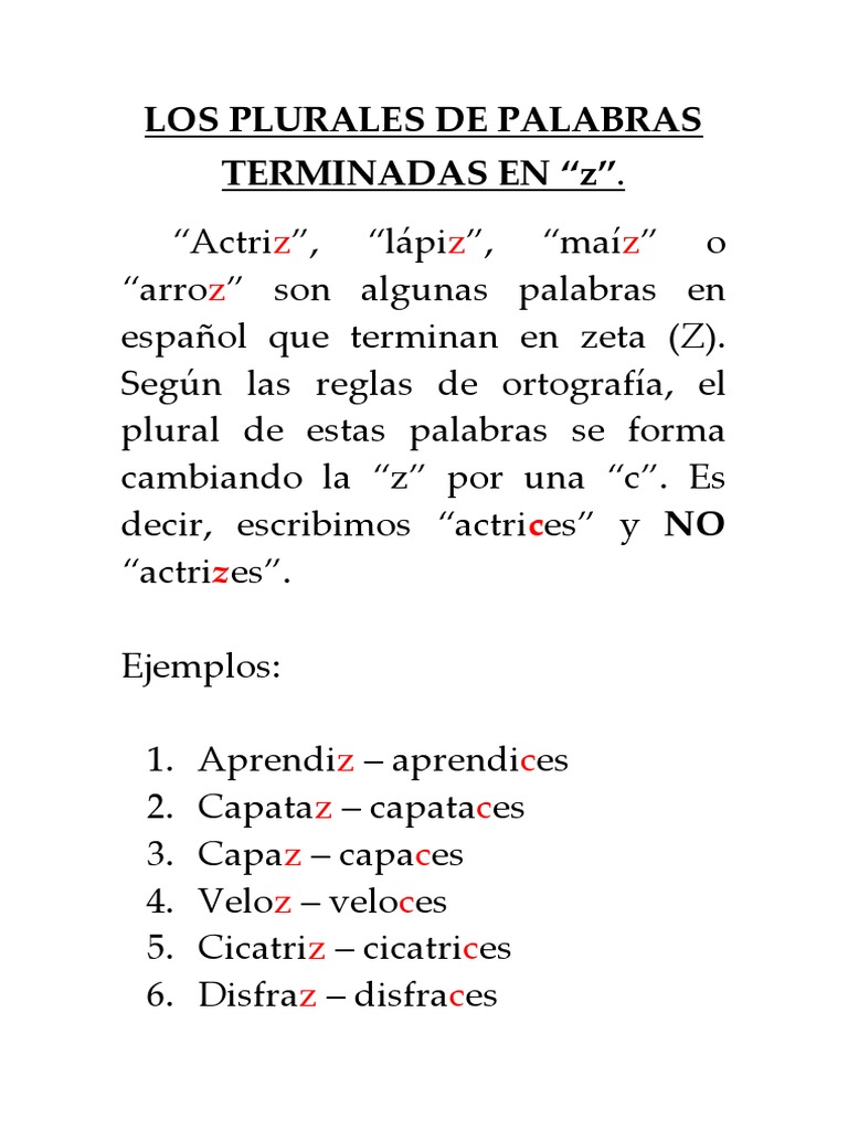 Pluralesa de Palabras Terminadas en - Z 3ero | PDF