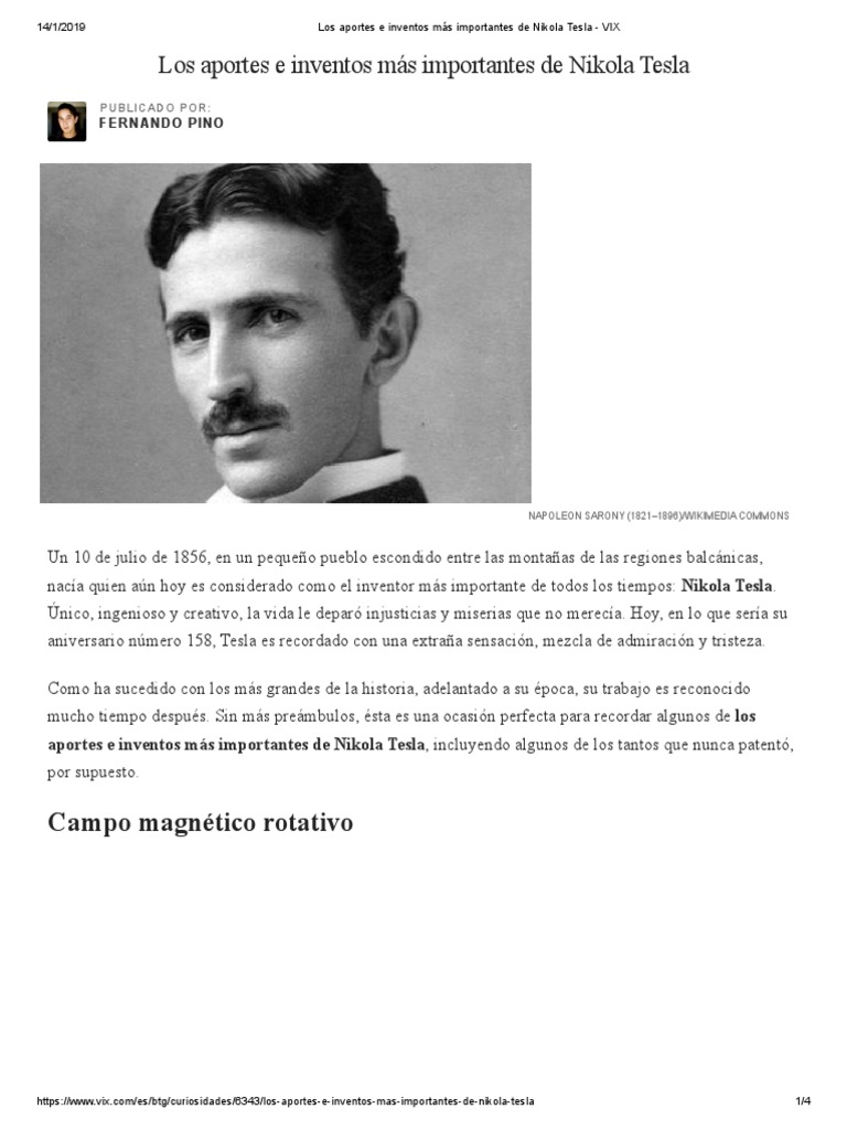 Aportes e inventos de Nikola Tesla | PDF | Nikola Tesla | Corriente alterna