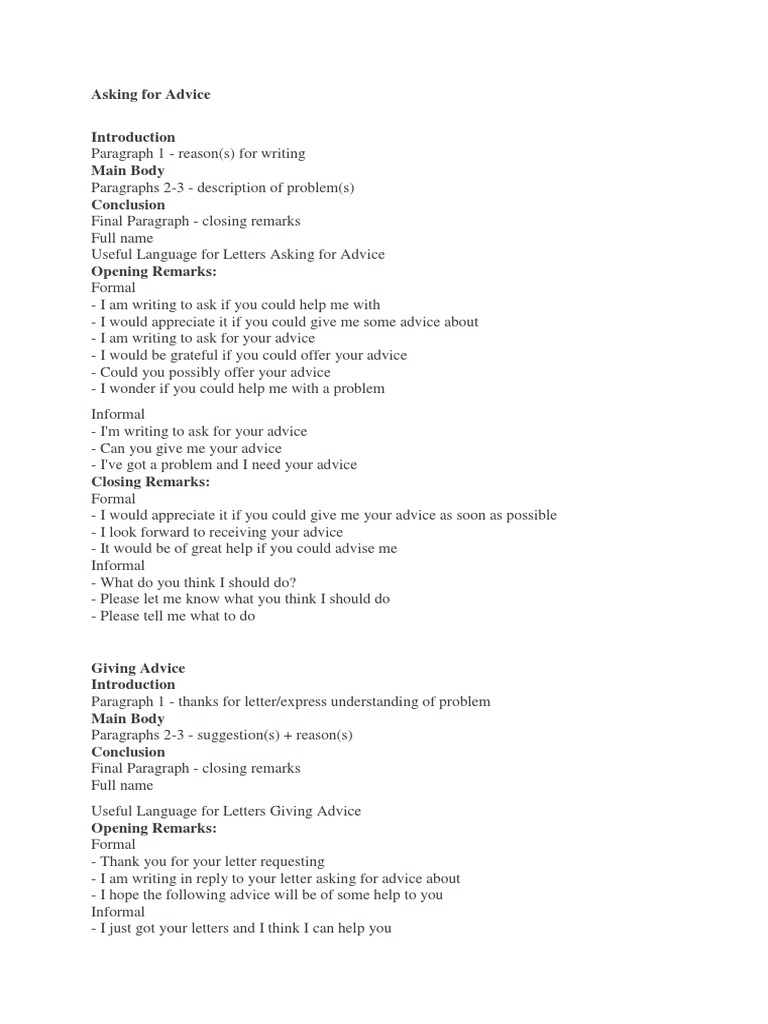 Layout For A Letter Asking For and Giving Advice | PDF | Reason