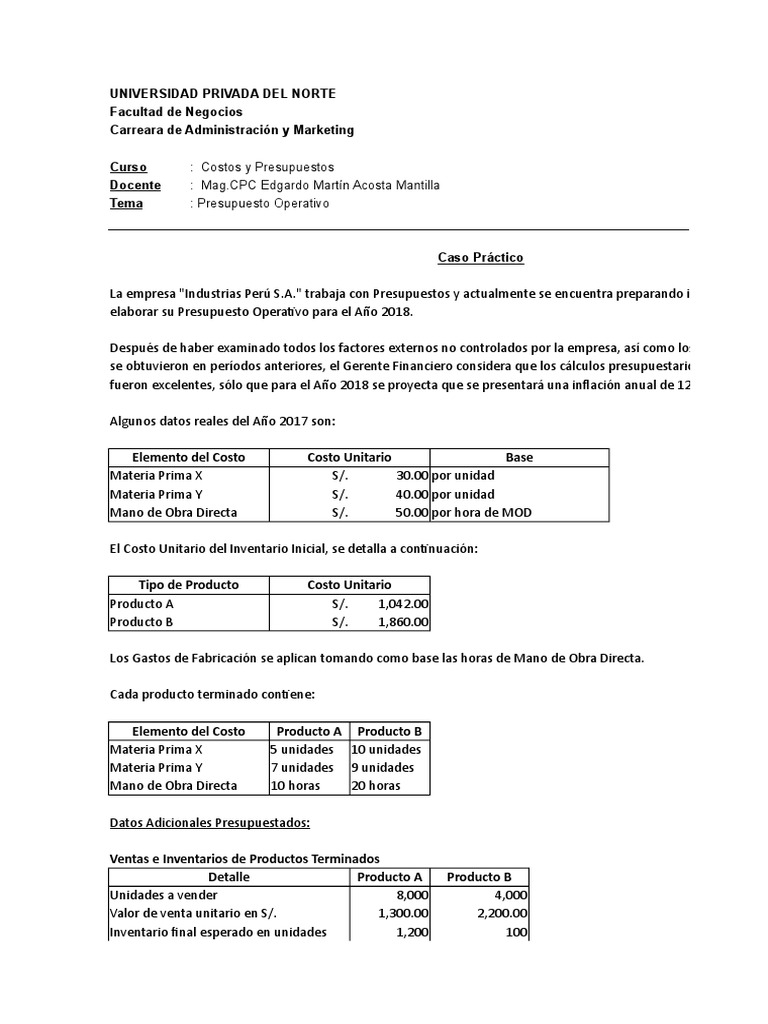 Caso Práctico Presupuesto Operativo (Resuelto) | PDF | Presupuesto | Microeconomía