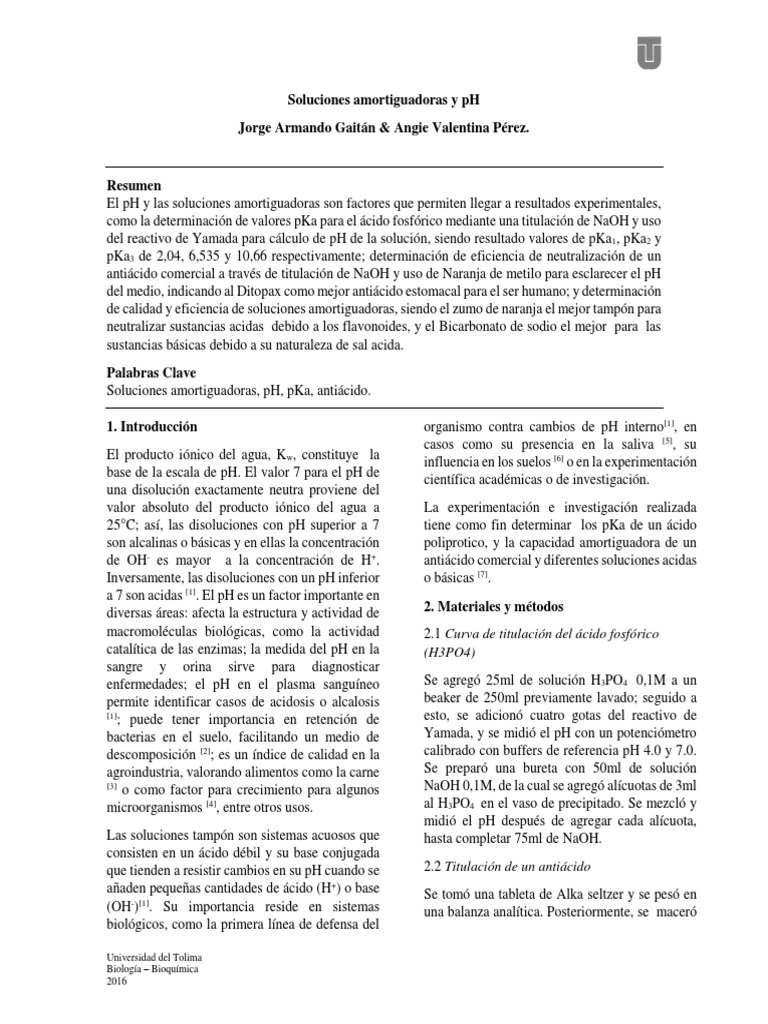 Soluciones Amortiguadoras y PH | PDF | Solución tampón | Valoración