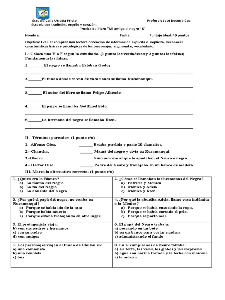 Prueba de comprensión: "Mi amigo el negro" | PDF | Estudios de idiomas ...