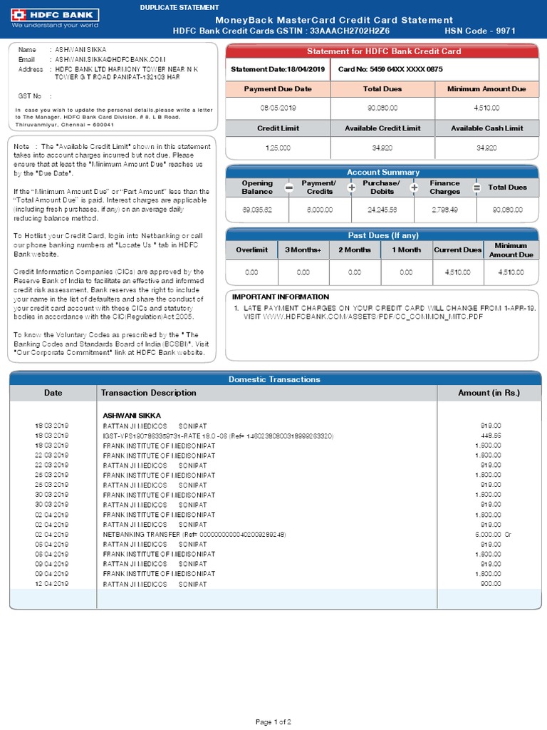 HDFC Bank Credit Cards GSTIN: 33AAACH2702H2Z6 HSN Code - 9971 | PDF ...
