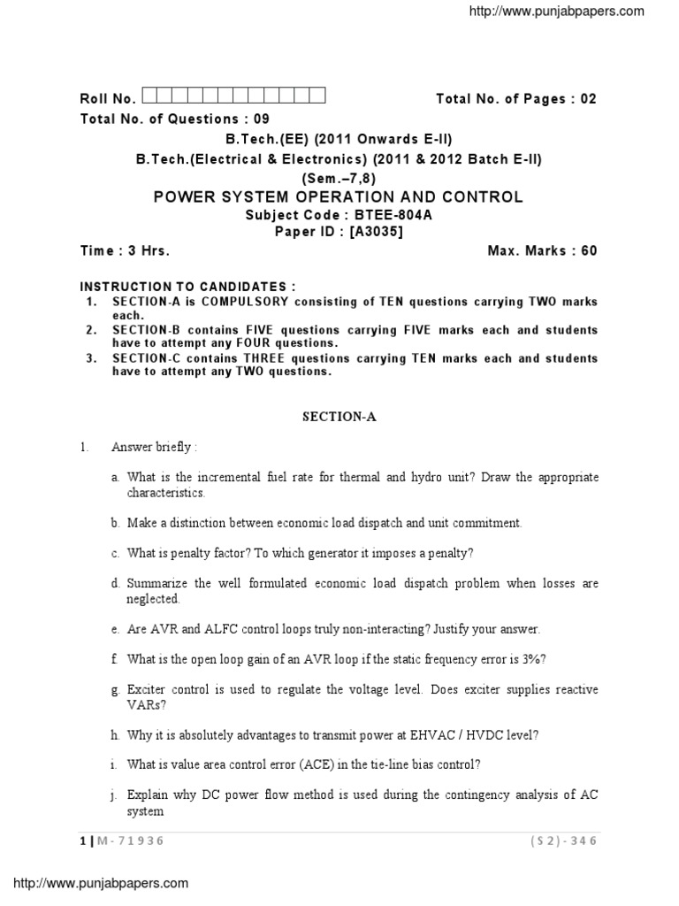 Btech Ee 7 8 Sem Power System Operation and Control A3035 Dec 2018 ...
