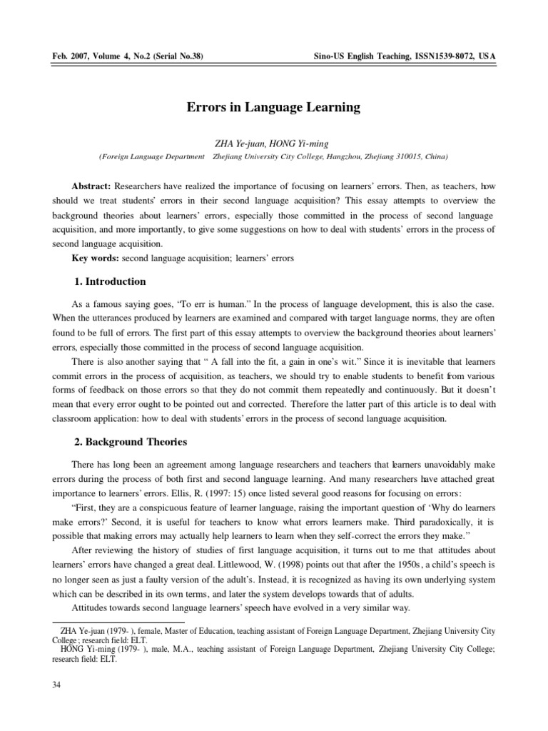 Errors in Language Learning | PDF | Second Language | Second Language Acquisition