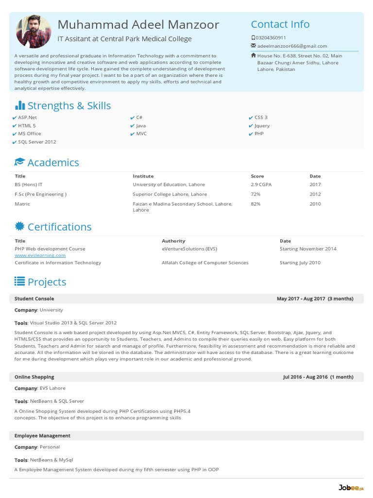Muhammad Adeel Manzoor: Contact Info | PDF | Php | Web Application
