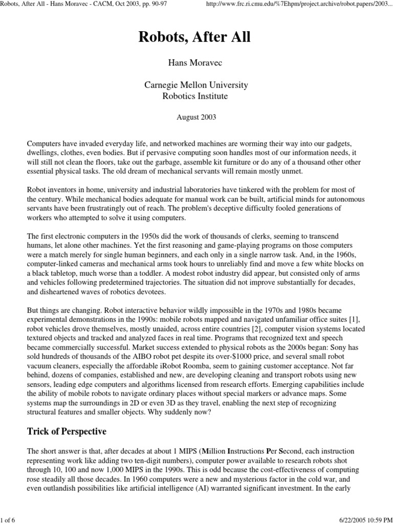Robots, After All: Hans Moravec Carnegie Mellon University Robotics ...