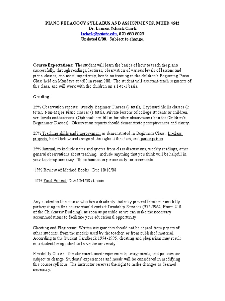 Piano Pedagogy Course Syllabus | PDF | Music Education | Lesson Plan