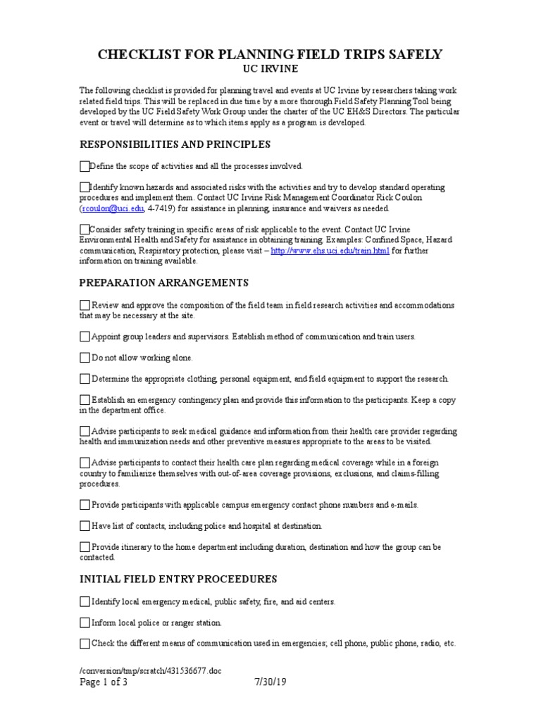 Checklist For Planning Field Trips Safely: Uc Irvine | PDF | Dangerous ...