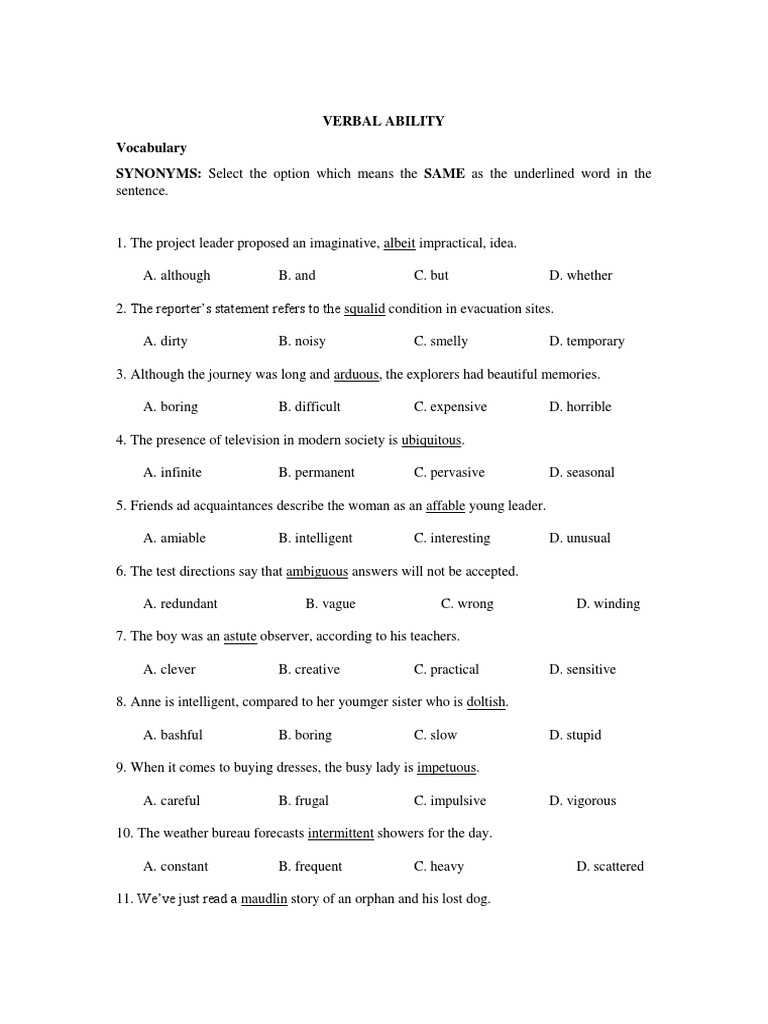 Verbal Ability: Vocabulary Synonyms Test | PDF