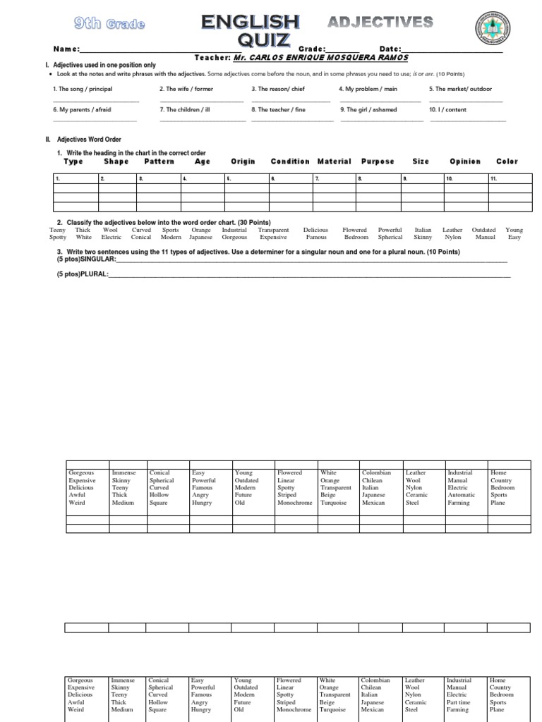 Grade 9 Adjective Order Exercises | PDF | Adjective | Grammatical Number