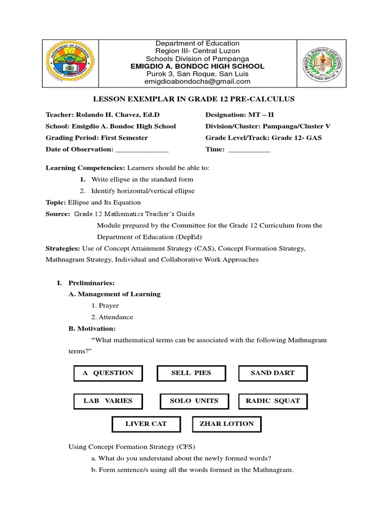 Lesson Exemplar in Grade 12 Pre-Calculus | PDF | Ellipse | Teaching ...