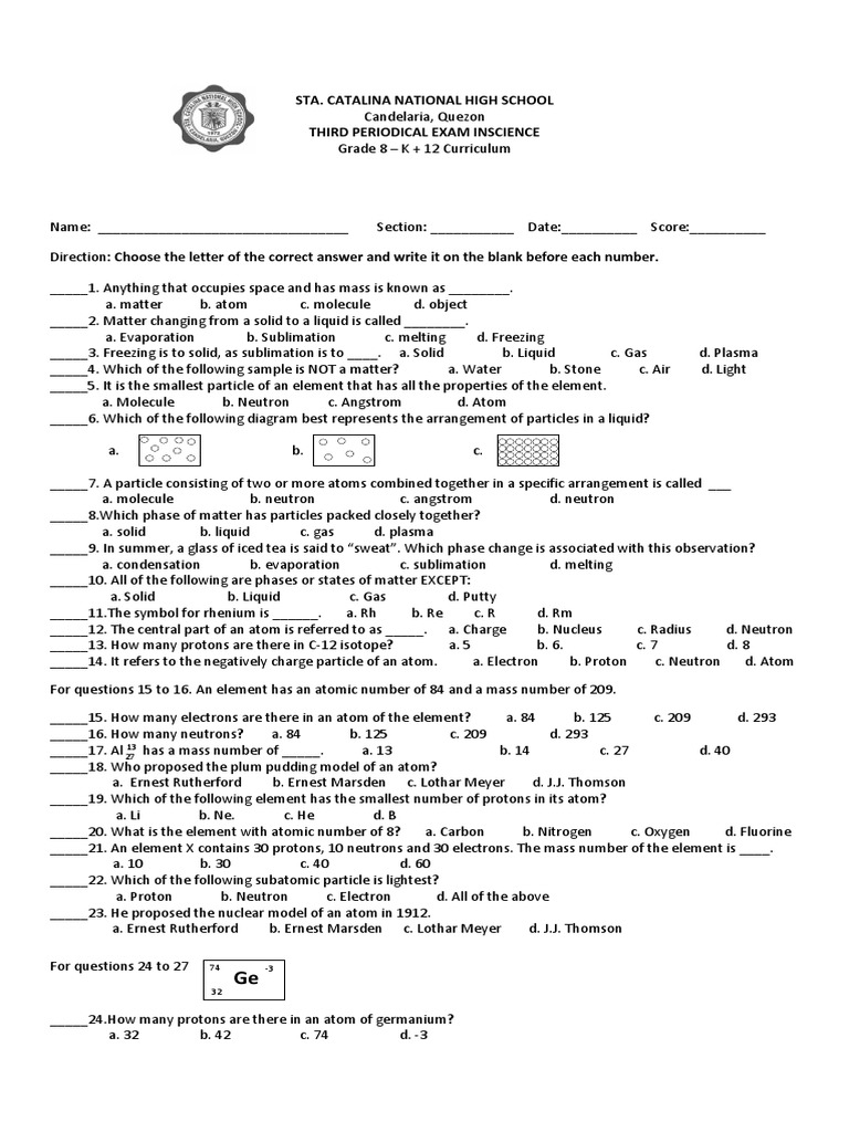 g8 Science Third Periodical Exam | PDF | Atoms | Proton