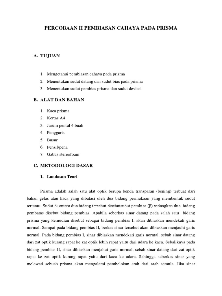 Percobaan II Pembiasan Cahaya Pada Prisma A | PDF