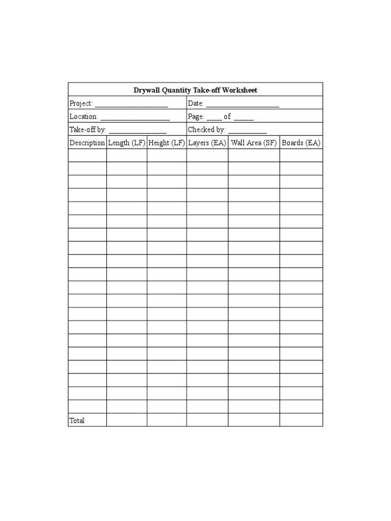 Drywall Quantity Take-Off Worksheet | PDF