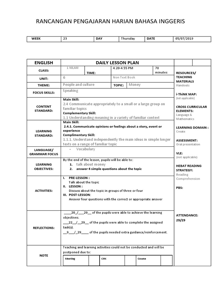 Form 1 Lesson Plan Zu | PDF | Lesson Plan | Reading Comprehension