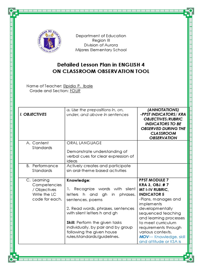 Detailed Lesson Plan in ENGLISH 4 On Classroom Observation Tool | PDF ...