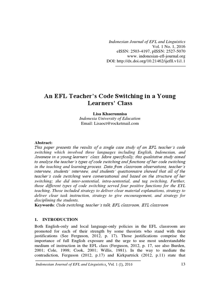 An EFL Teacher's Code Switching in A Young Learners' Class | PDF | English As A Second Or ...