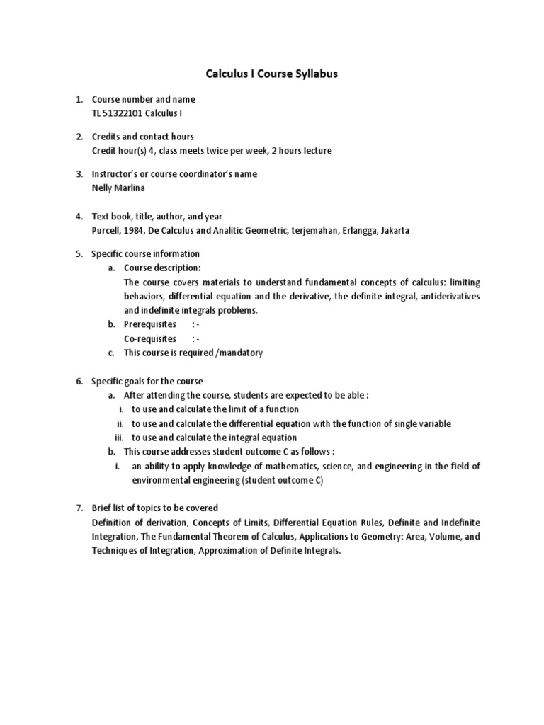 Calculus I Course Syllabus | PDF | Integral | Calculus