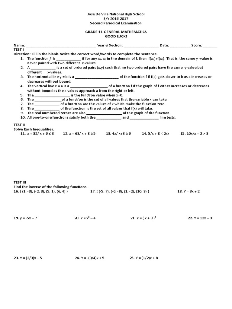 Grade 11-General Mathematics Good Luck! | PDF | Asymptote | Function ...