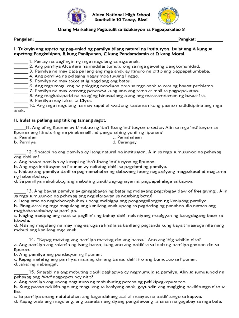 Quarter1 Exam ESP8 | PDF
