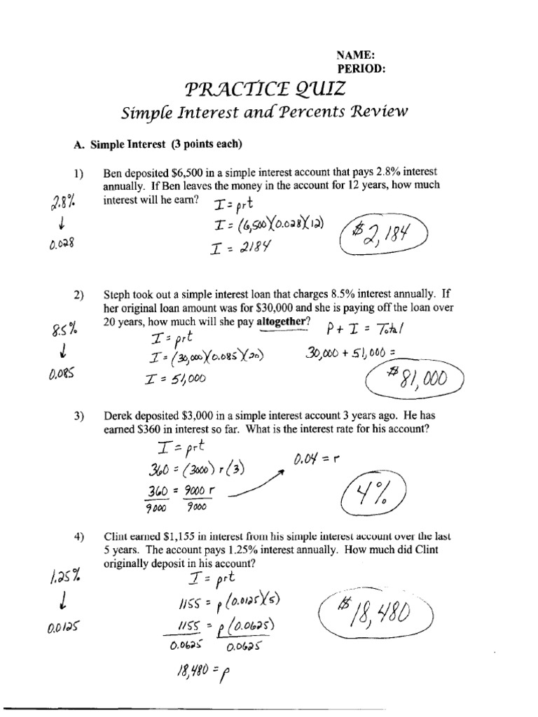 KEY - QUIZ - Simple Interest | PDF