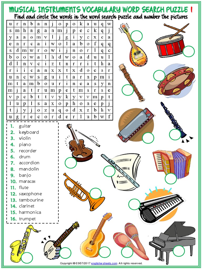 Musical Instruments Vocabulary Esl Word Search Puzzle Worksheets For ...