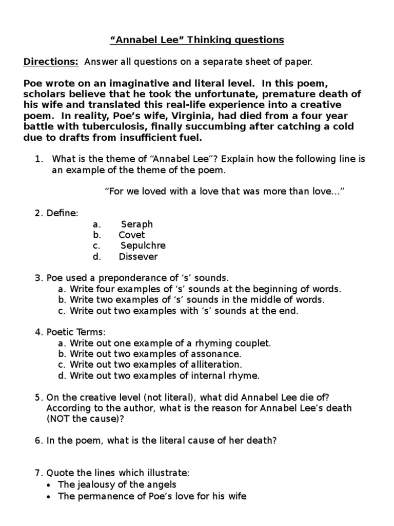 Annabel Lee Questions | PDF