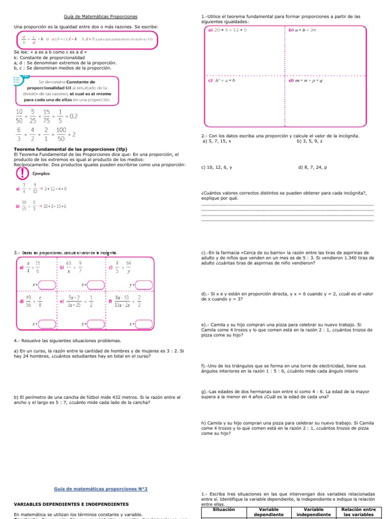 Guía De Matemáticas Proporciones 7 Pdf Variable Matemáticas