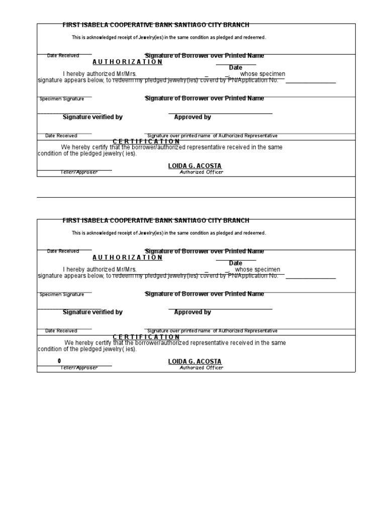 Jewelry Redemption Authorization Form | PDF | Business