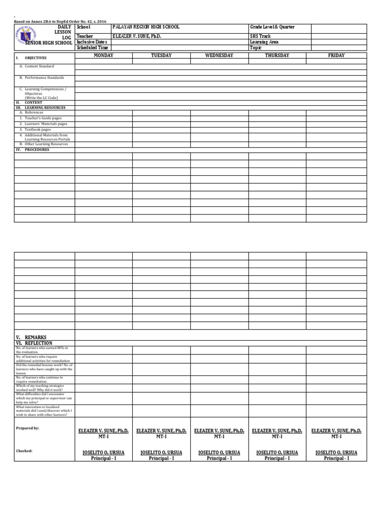 SHS Daily Lesson Log Template | PDF