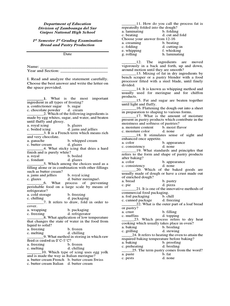 1st Grading Examination BPP | PDF | Baking | Flour