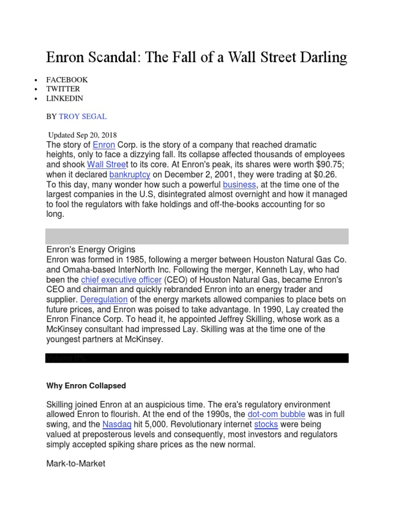 Enron Scandal The Fall Of A Wall Street Darling Pdf Enron Mark
