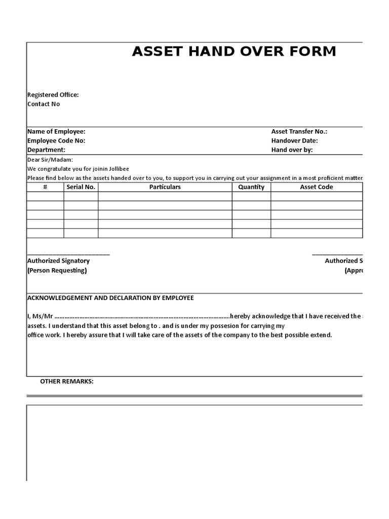Asset Handover Form | PDF | Finance & Money Management