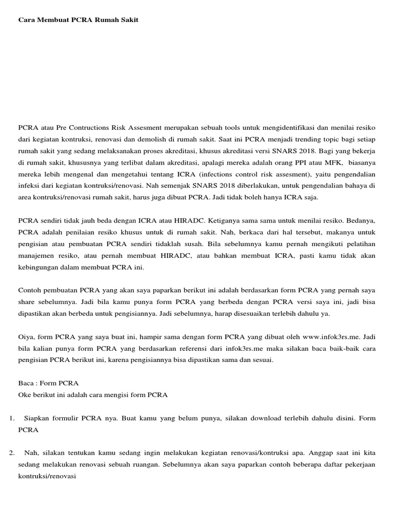 Cara Membuat PCRA Rumah Sakit | PDF