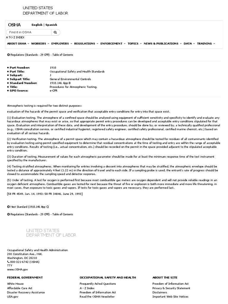 Procedures For Atmospheric Testing. - 1910.146 App B | PDF ...