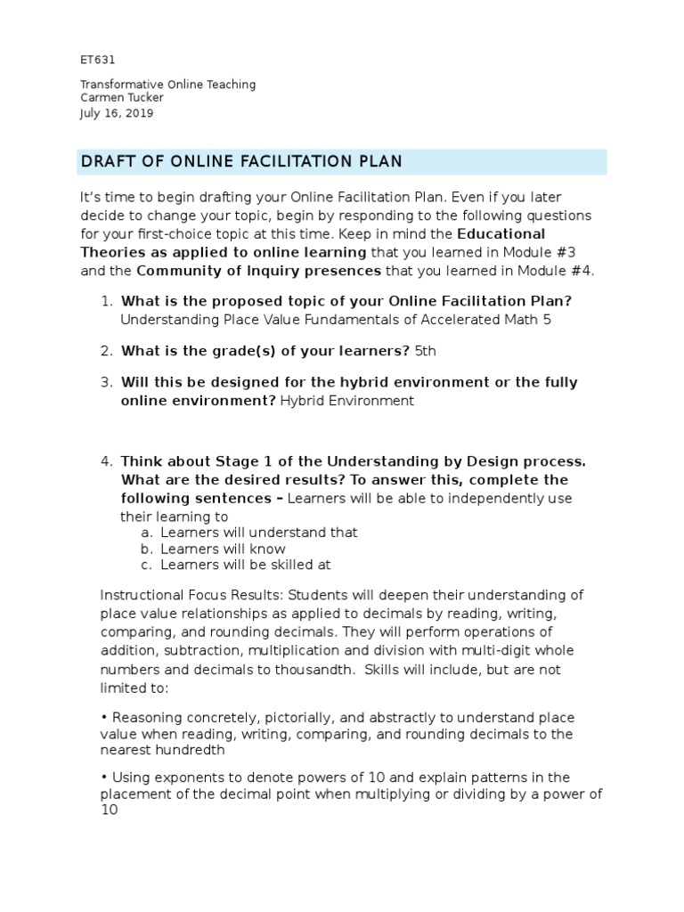 Online Facilitation Plan Draft | Download Free PDF | Understanding ...