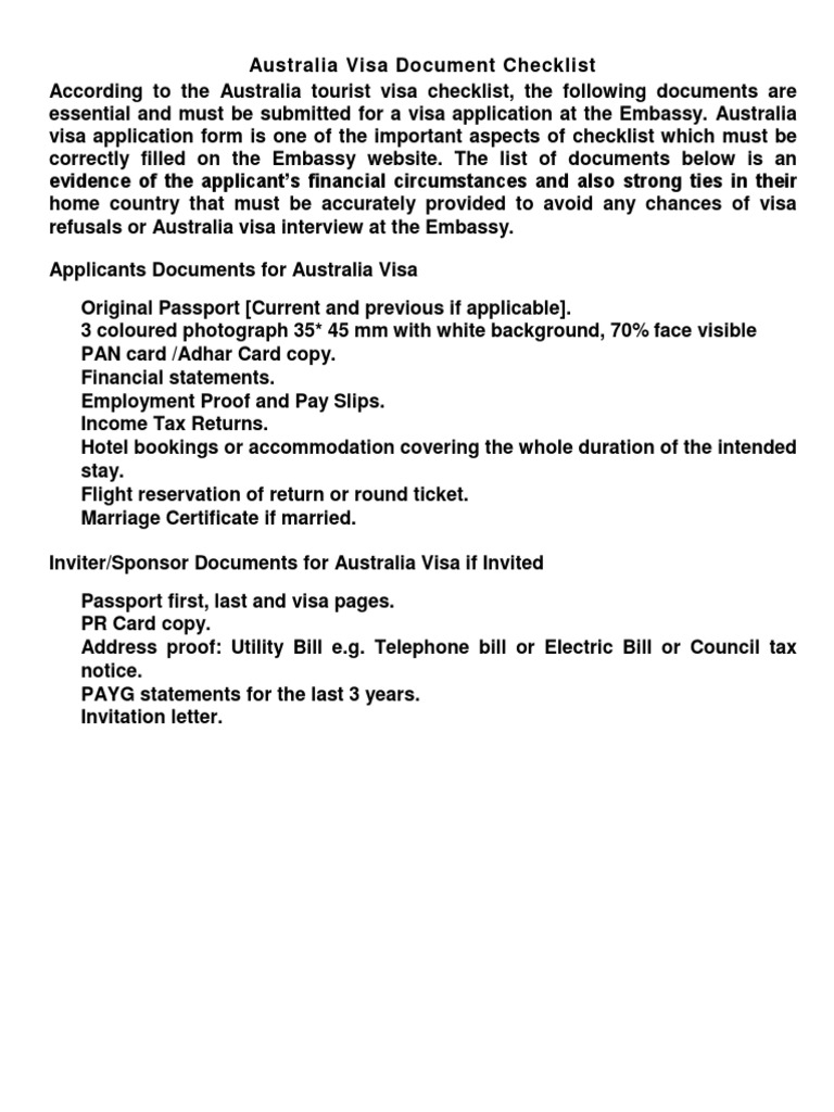 Australia Visa Document Checklist | PDF | Travel Visa | Passport