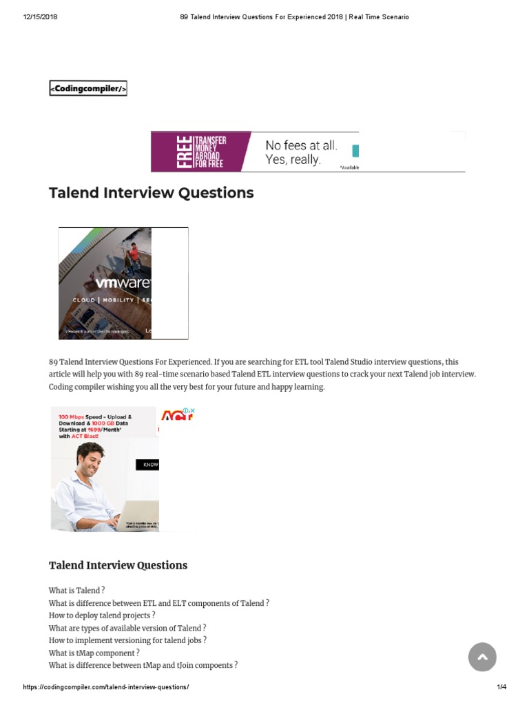 89 Talend Interview Questions For Experienced 2018 - Real Time Scenario | PDF | Subroutine ...