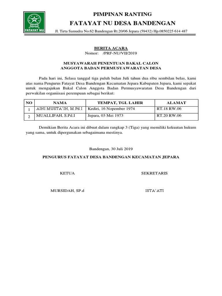 Berita Acara Musyawarah Fatayat NU | PDF