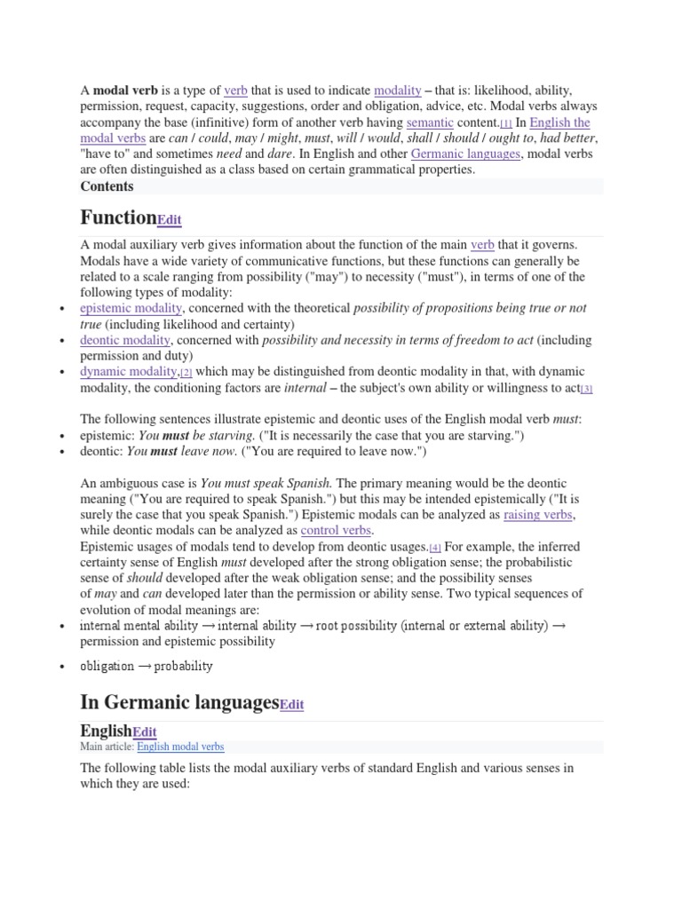 Function: Verb Modality Semantic English The Modal Verbs Germanic ...