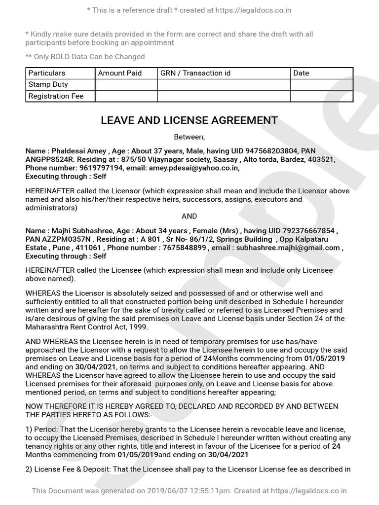 Sample: Leave and License Agreement | PDF | License | Landlord