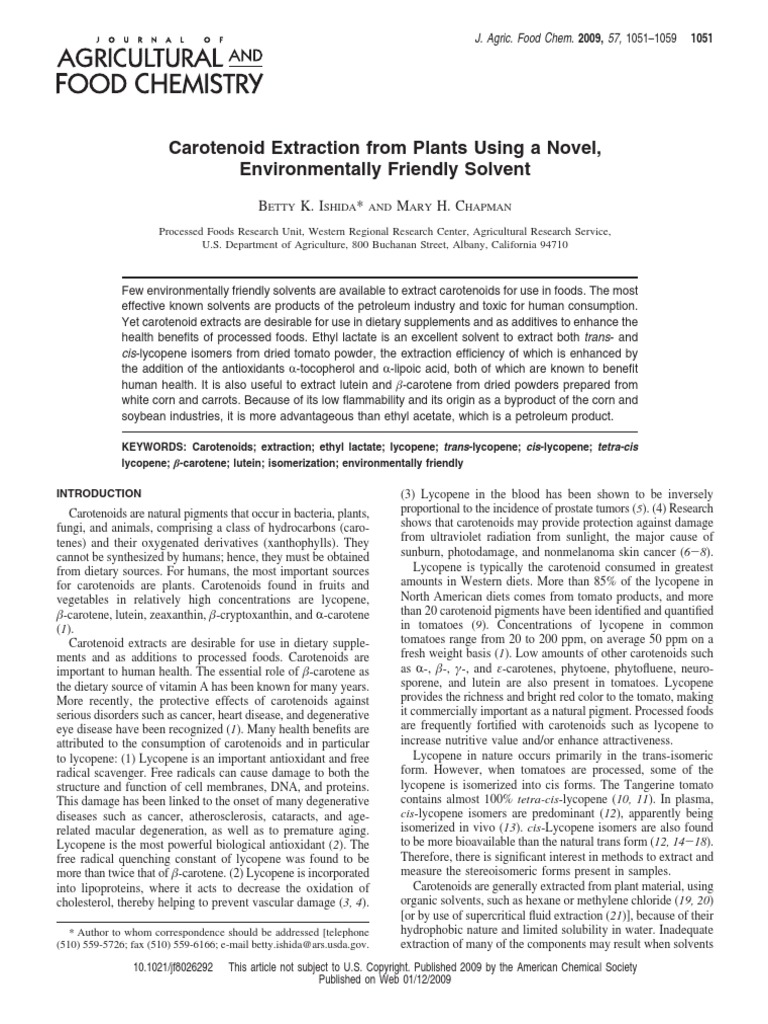 Carotenoid Extraction From Plants Using A Novel, Environmentally Friendly Solvent | PDF ...