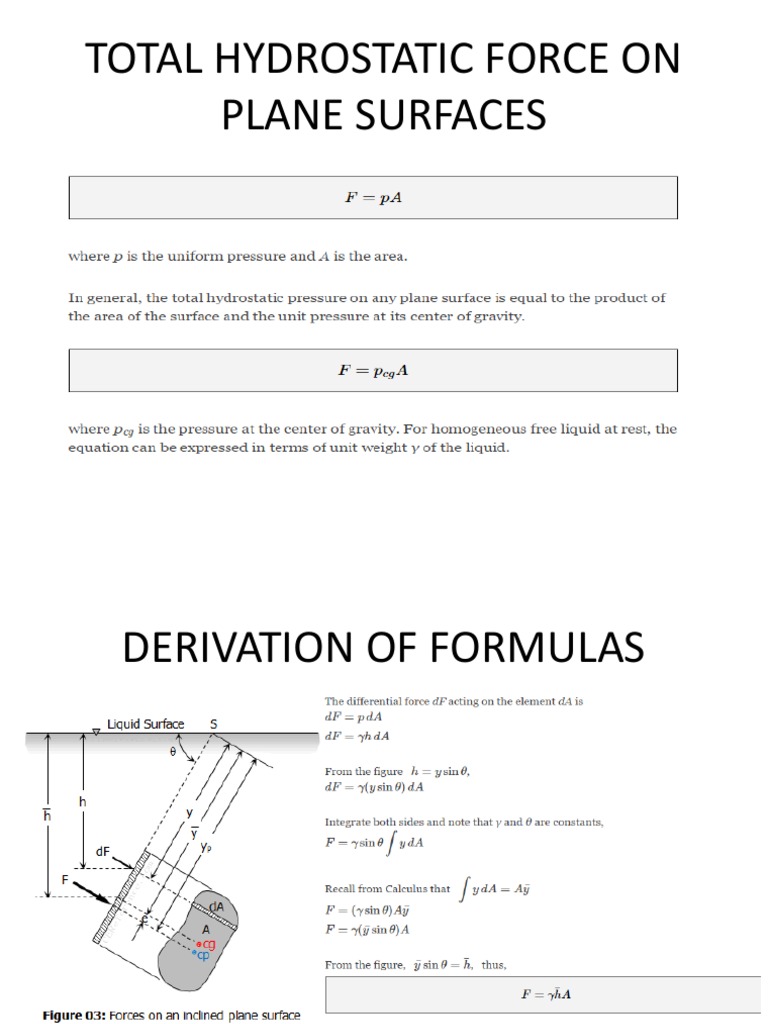 Total Hydrostatic Force On Plane Surfaces | PDF | Dam | Physics