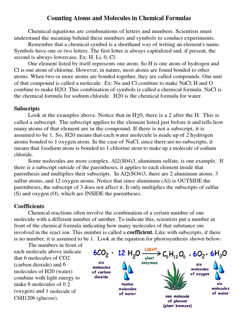 Counting Atoms and Molecules in Chemical Formulas Worksheet | PDF ...