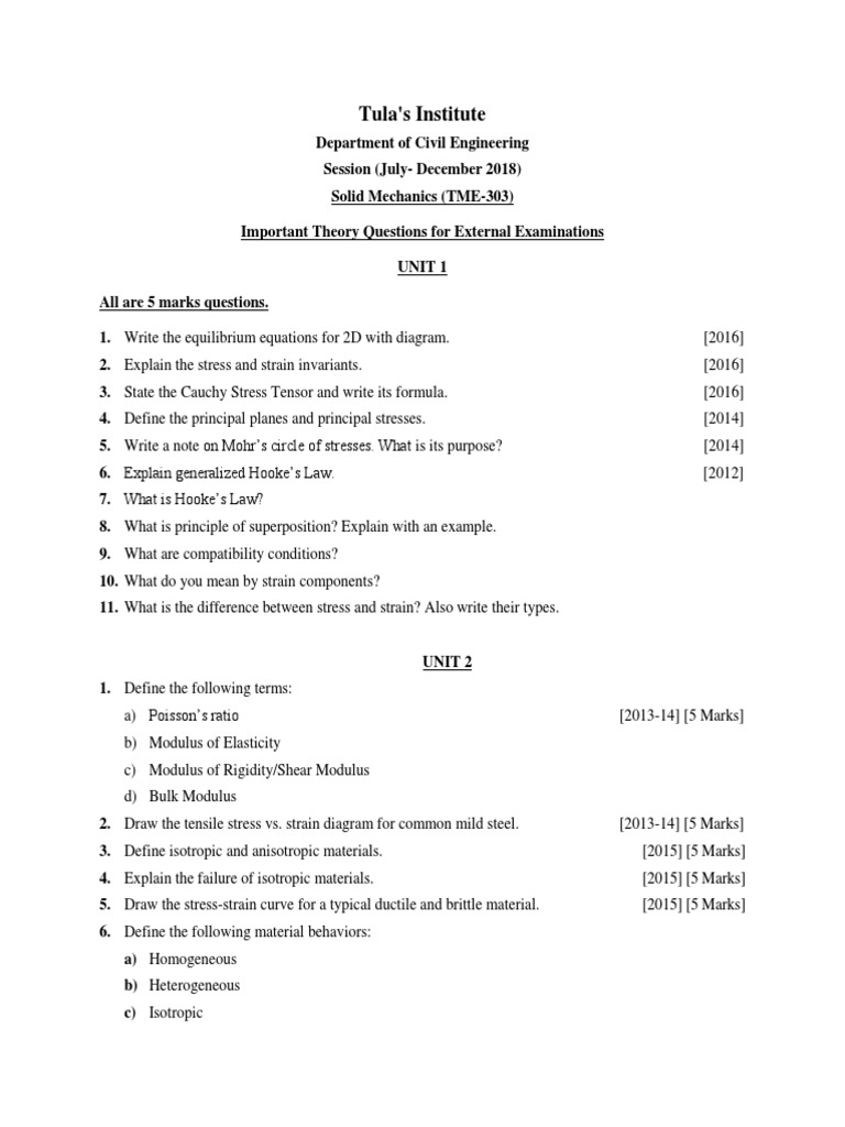 SOM-Important Theory Questions | PDF | Deformation (Engineering) | Bending