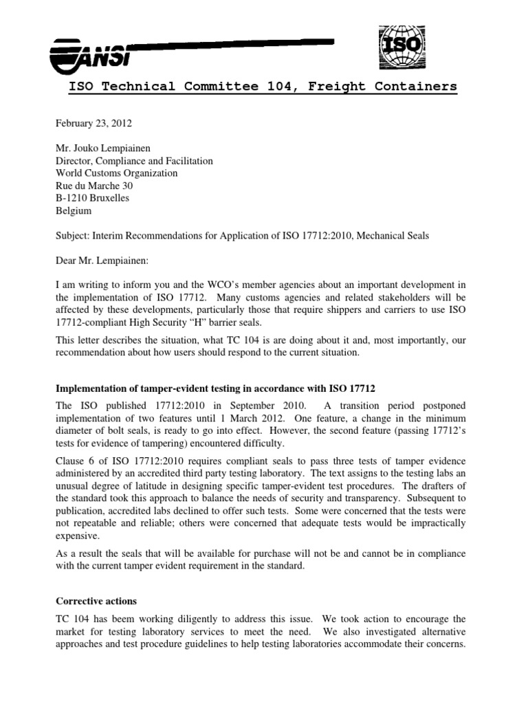 ISO Technical Committee 104 Interim Recommendations for Application of ISO 17712 Mechanical ...