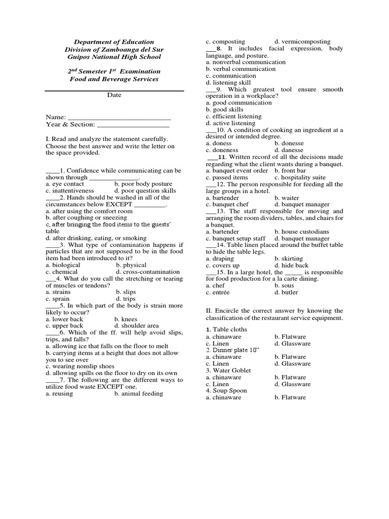 FBS Exam | PDF | Tableware | Cooking