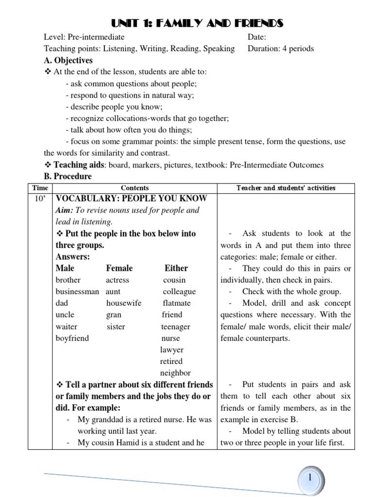 Unit 1: Family and Friends: A. Objectives | PDF | Question | Adverb