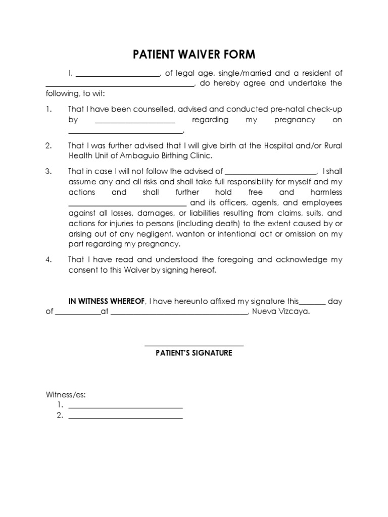 Patient Waiver Form for Pregnancy | PDF
